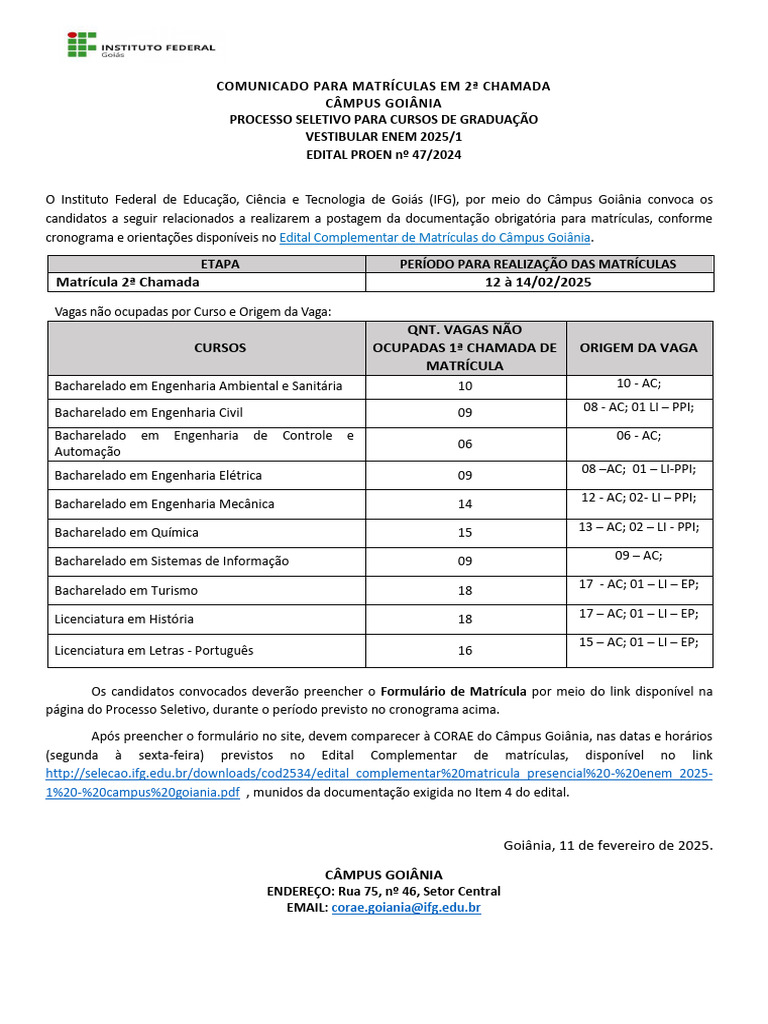 Comunicado 2 Chamada e Relacao de Convocados - Vest. Enem - 2025.1 - Campus Goiania | PDF ...
