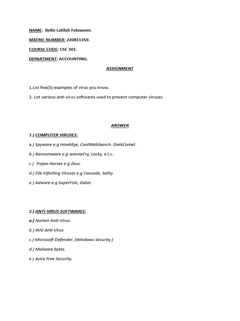Bello Latifah CSC 301 Assignment. | PDF