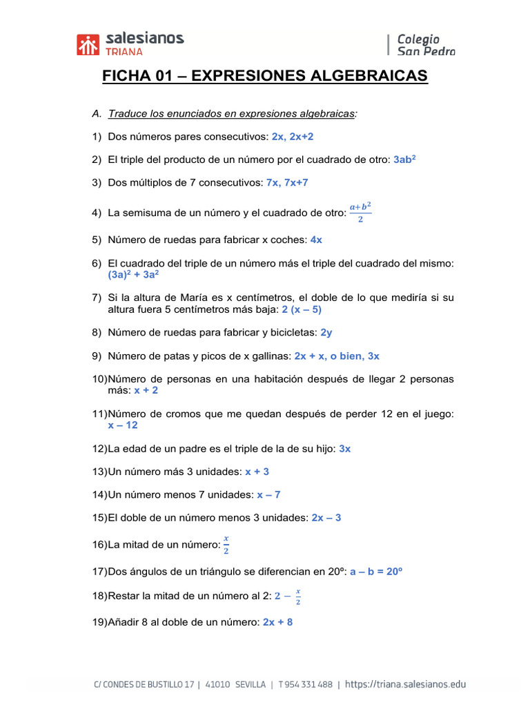 MAT2 - 04 - Ficha 01. Traducción de Expresiones Algebraicas. Soluciones | PDF | Matemáticas ...