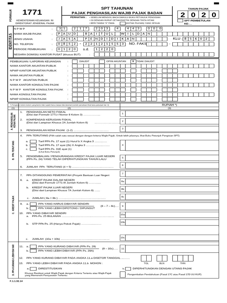 SPT Tahunan PPh Badan 2020 Form 1771 | PDF