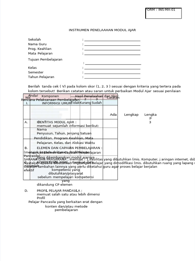 PDF 01 Instrumen Telaah Modul Ajar k Merdeka | PDF