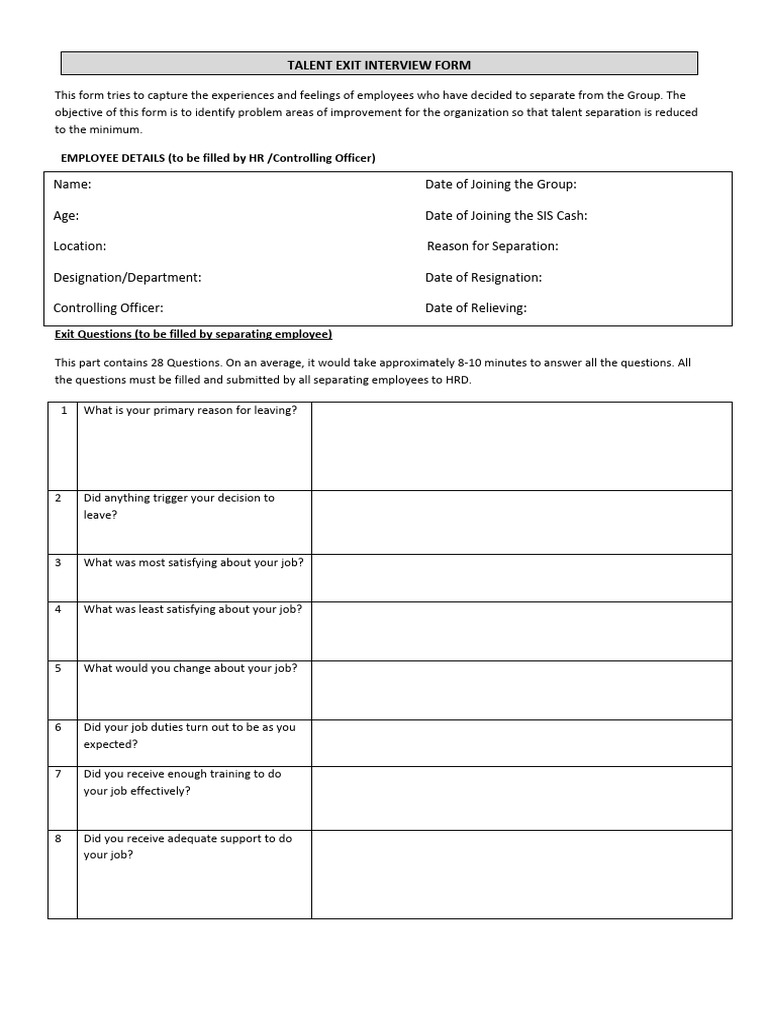 Employee Exit Interview Feedback Form | PDF | Social Psychology ...
