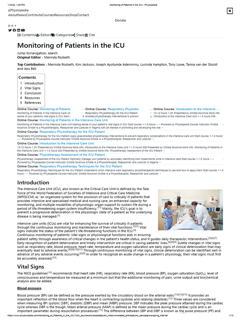 Monitoring of Patients in The ICU - Physiopedia | PDF | Blood Pressure | Intensive Care Unit