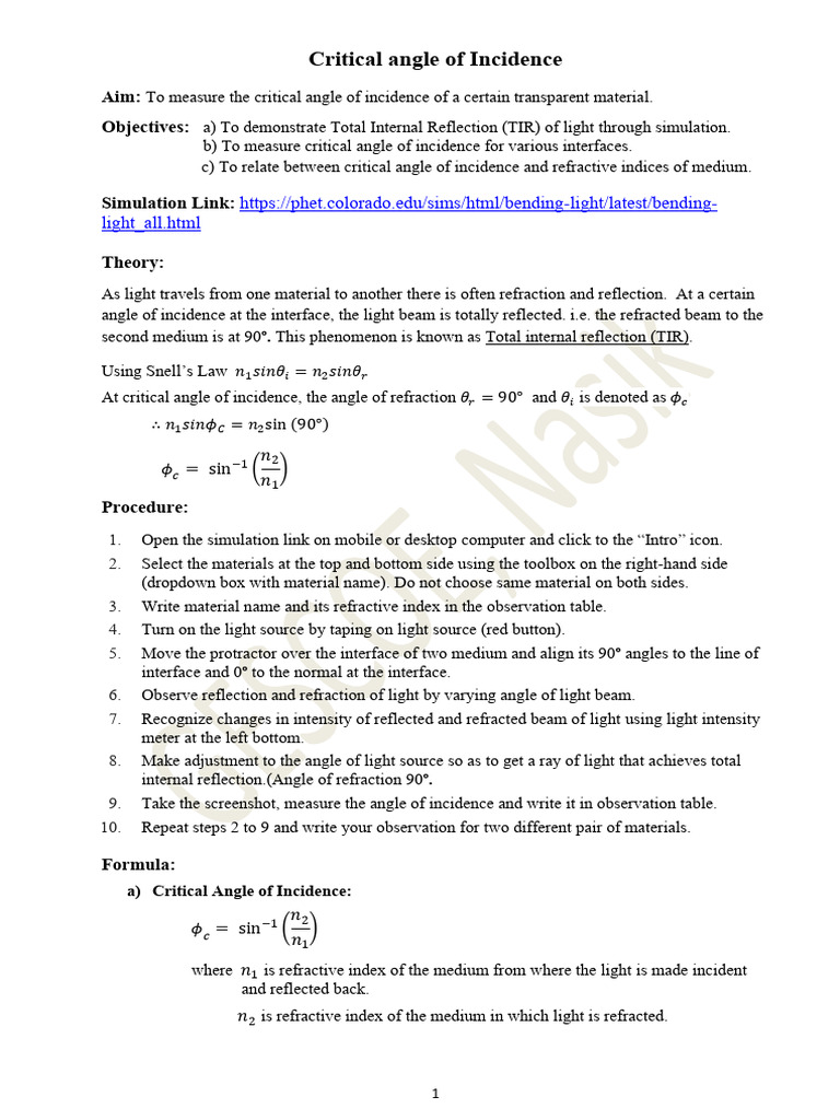 Measure Critical Angle of Incidence | PDF | Refraction | Reflection ...