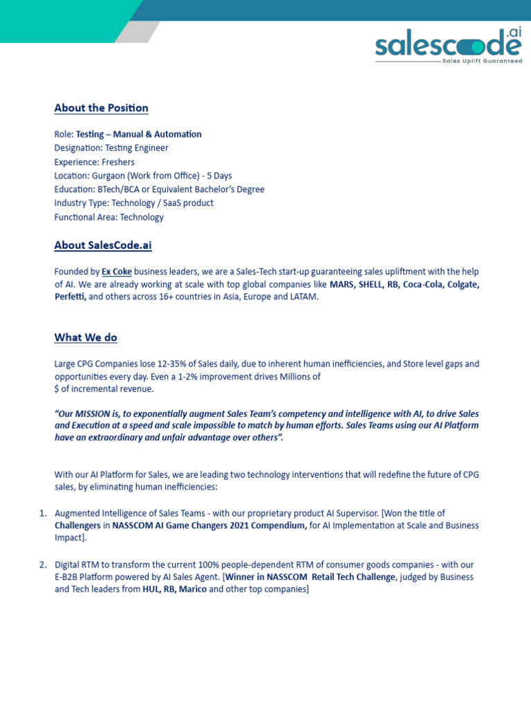 SalesCode.ai Testing Engineer Role | PDF | Computing