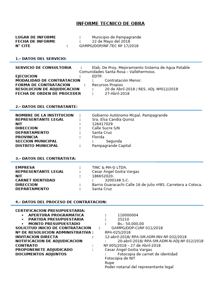Informe Tecnico de Obra Delfin Arteaga | PDF