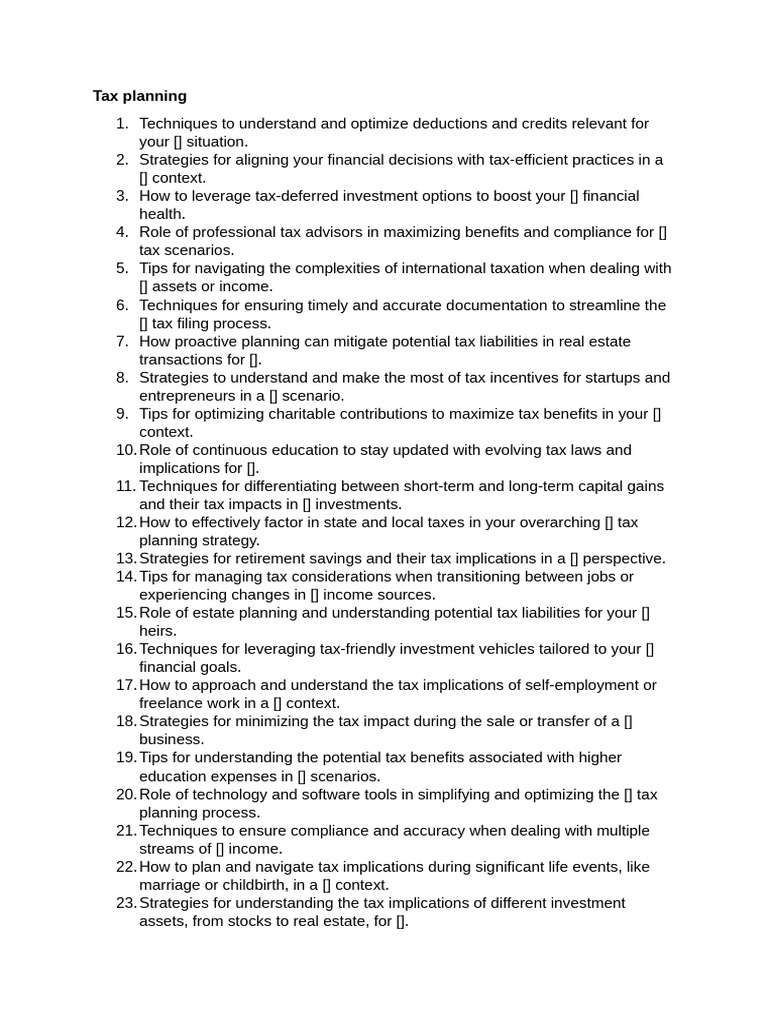 115 Tax planning Prompt Templates | PDF | Taxes | Tax Deduction 115 Tax planning Prompt Templates | PDF | Taxes | Tax Deduction