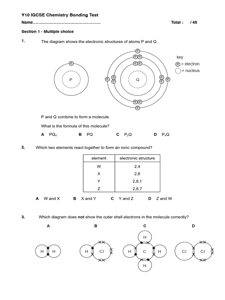IGCSE Chemistry Bonding Test | PDF | Chemical Compounds | Ion
