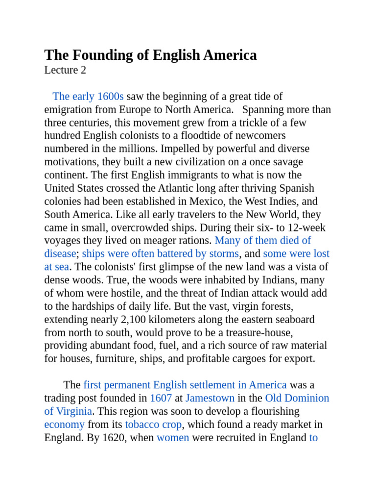 The Founding of English America Lecture 2 | PDF | Puritans | Maryland