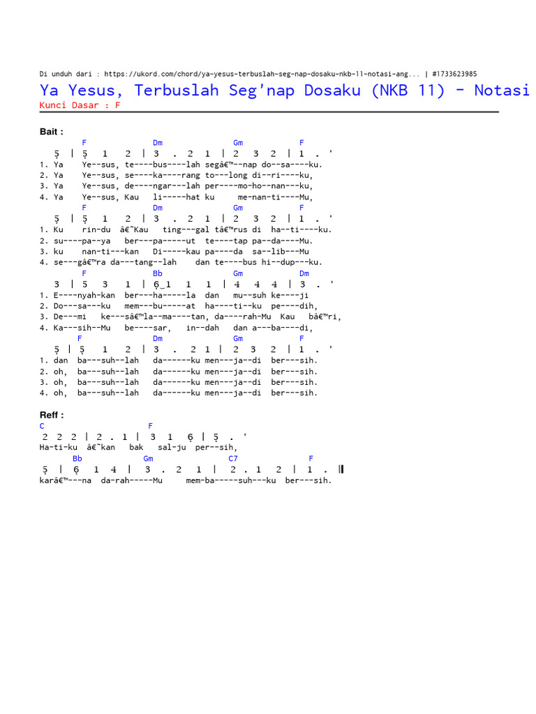 Ya Yesus Terbuslah Seg039nap Dosaku NKB 11 - Notasi Angka Key-F Ukord | PDF