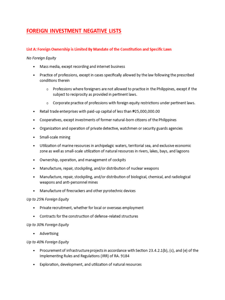 Foreign Investment Negative Lists | PDF | Potassium | Chemistry