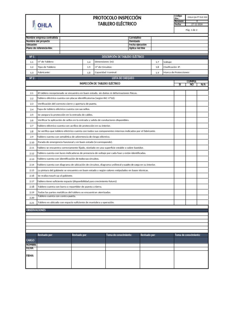Protocolo Inspección Tablero Eléctrico | PDF