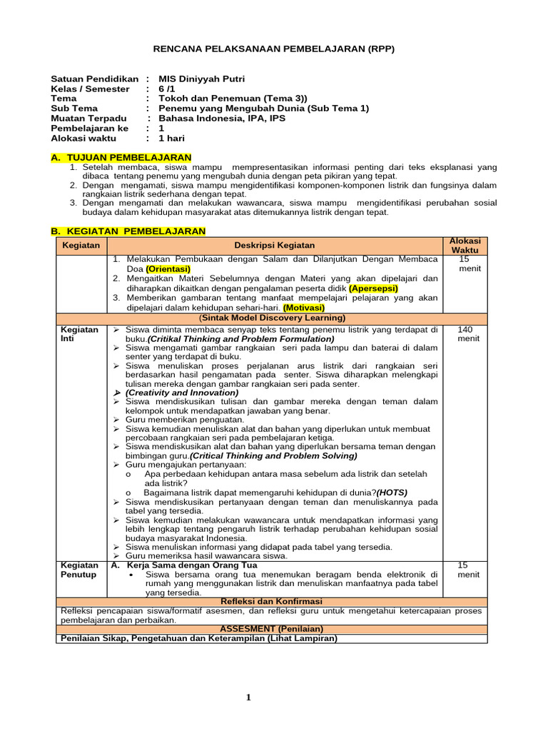 RPP Tema 3 Subtema 1 | PDF