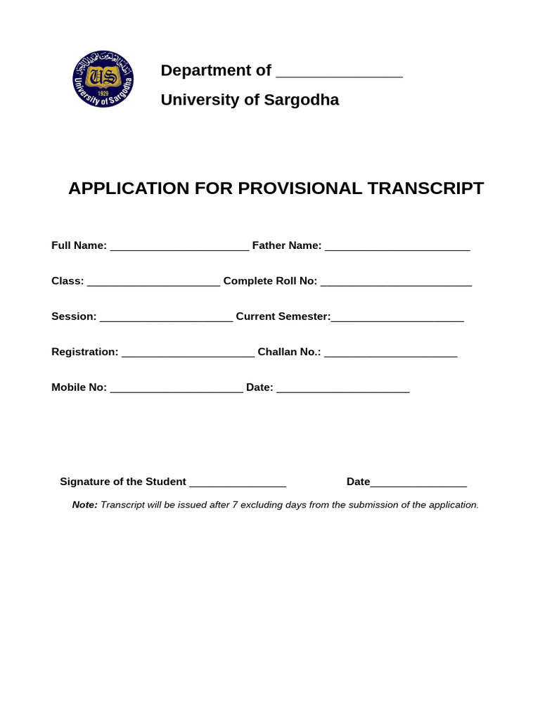 Application For Provisional Transcript University of Sargodha | PDF