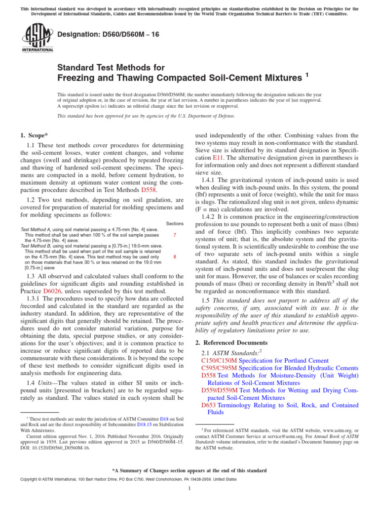 Standard Test Methods For Freezing and Thawing Compacted Soil-Cement ...