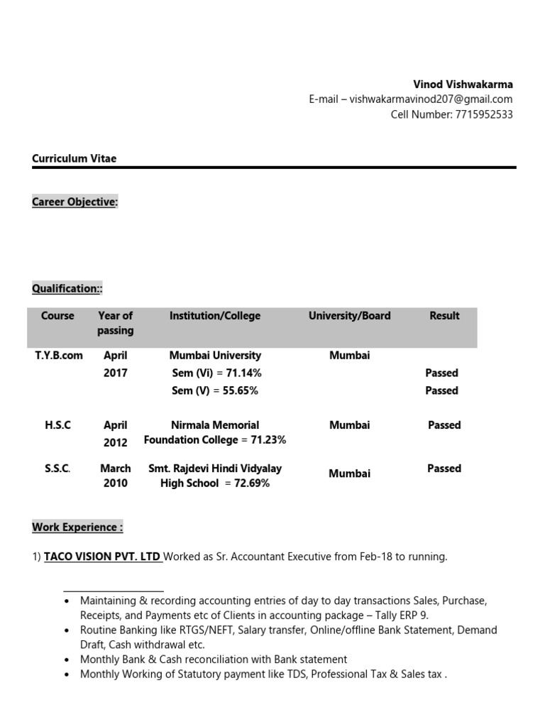 Vinod Vishwakarma's Accountant CV | PDF | Taxes | Cash