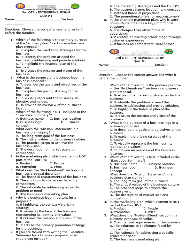 ENTREP 9 - Q3 Quiz #1 Answer Key | PDF | Marketing | Marketing Strategy