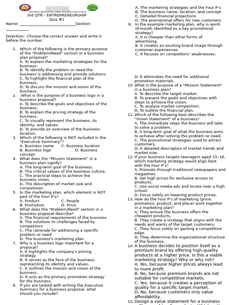 Entrepreneurship Quiz: Business Plan Essentials | PDF | Marketing ...