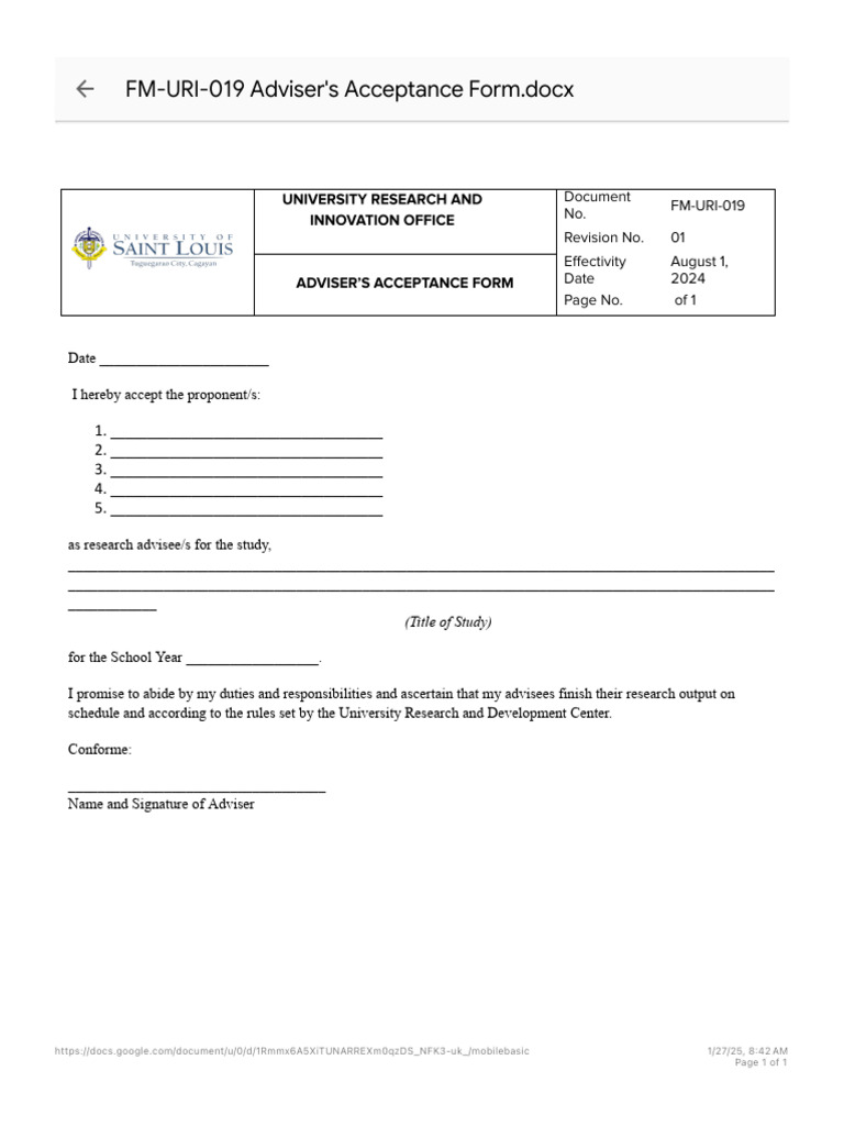 FM-URI-019 Adviser's Acceptance Form | PDF