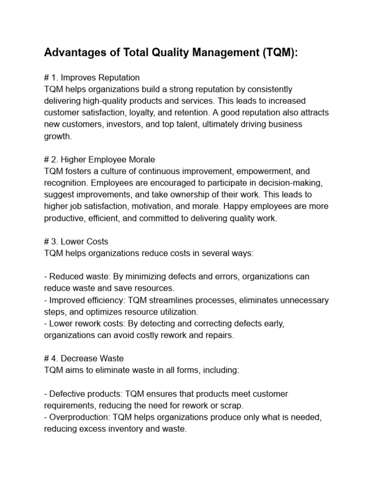 Advantages and Disadvantages of TQM | PDF | Change Management | Supply ...