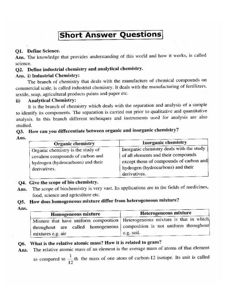 Class 9 Chemistry Notes Short Questions | PDF