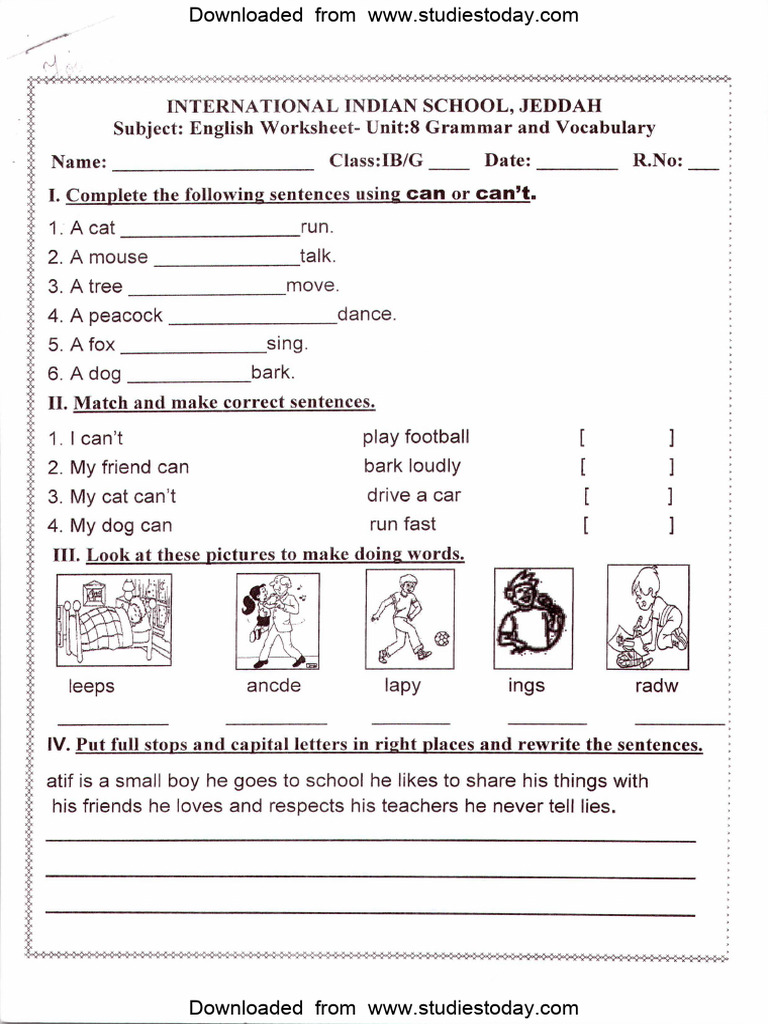 CBSE Class 1 English Grammar and Vocabulary Worksheet Set A | PDF