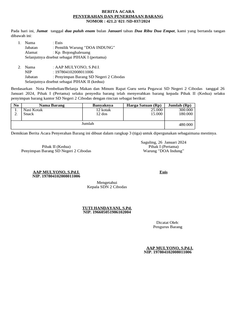 Berita Acara (Belanja Makan Dan Minum Rapat) | PDF