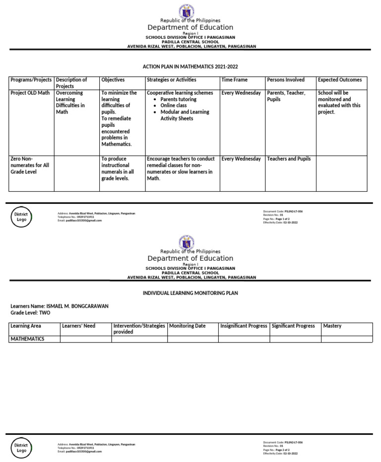 Action Plan in Mathematics | PDF | Mathematics | Pedagogy