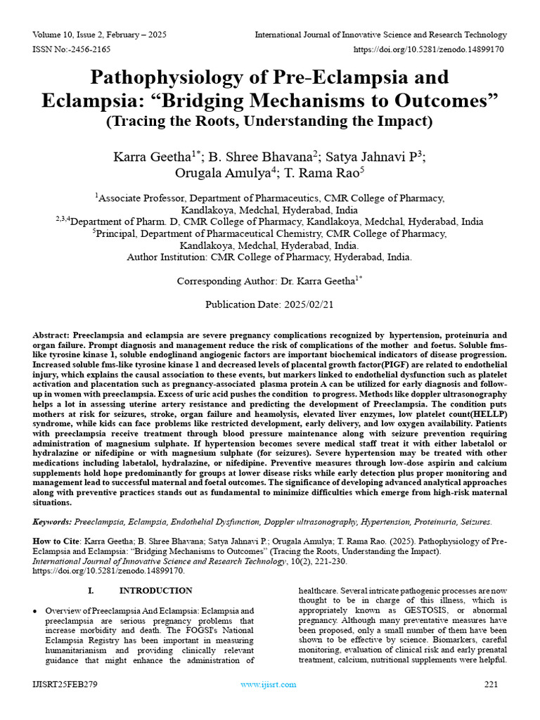 Pathophysiology of Pre-Eclampsia and Eclampsia: “Bridging Mechanisms to Outcomes” (Tracing the ...