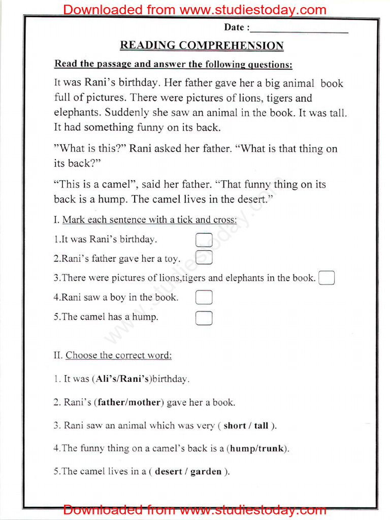 CBSE Class 1 English Reading Comprehension Worksheet Set A | PDF