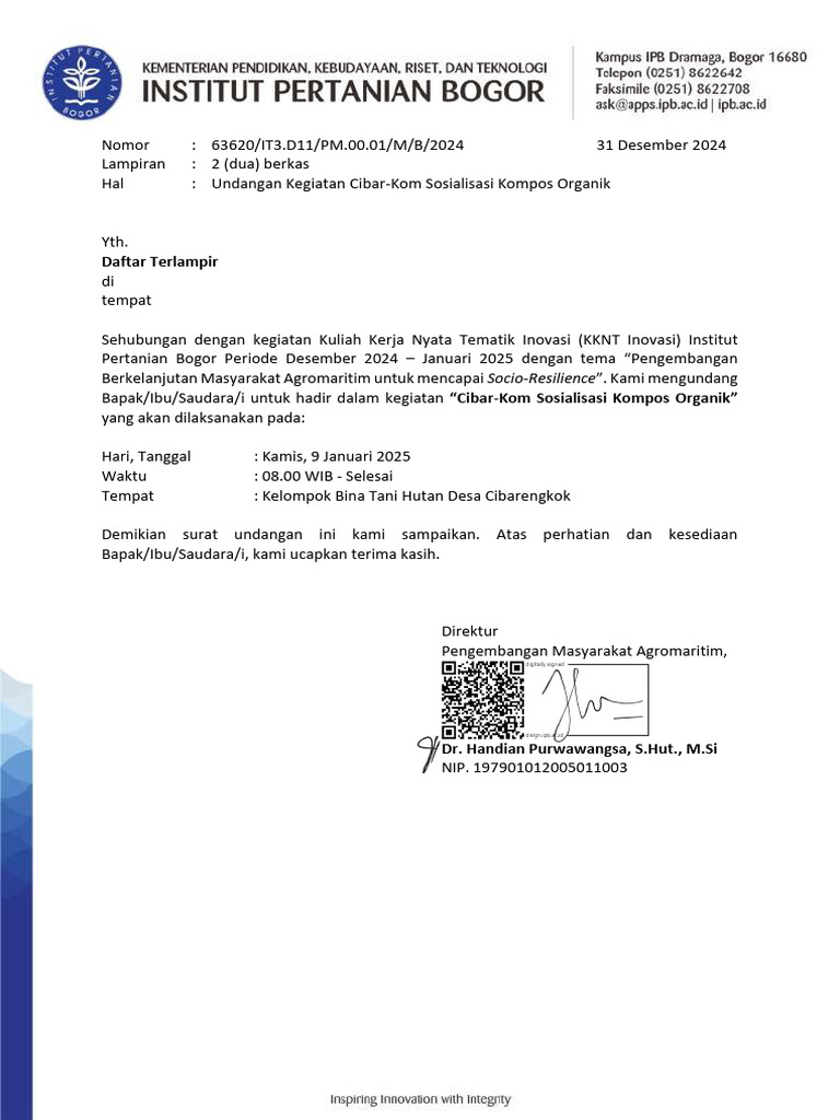 Surat Undangan Cibar-Kom_KKNT IPB 2024 | PDF