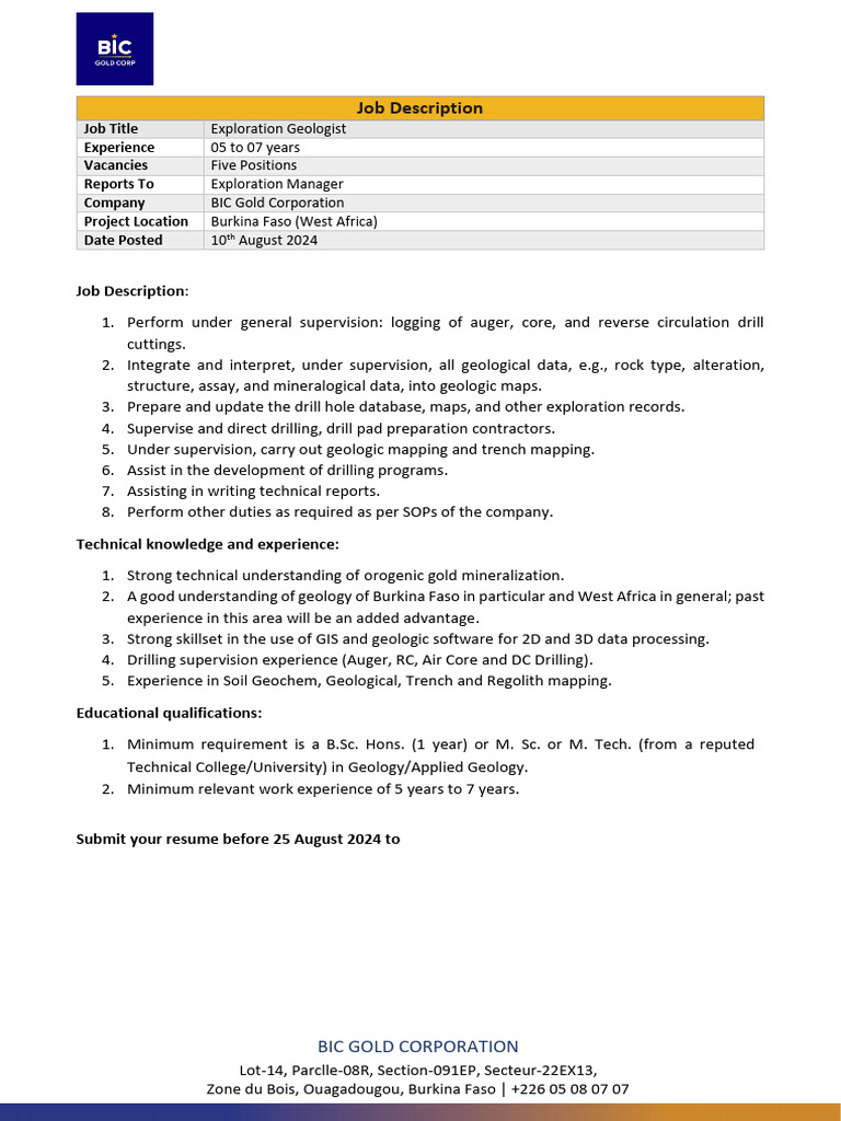 Job Description For Exploration Geologist | PDF