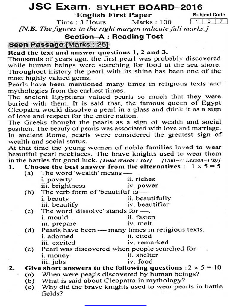 Sylhet Board JSC English 1st Paper Board Question 2016 | PDF