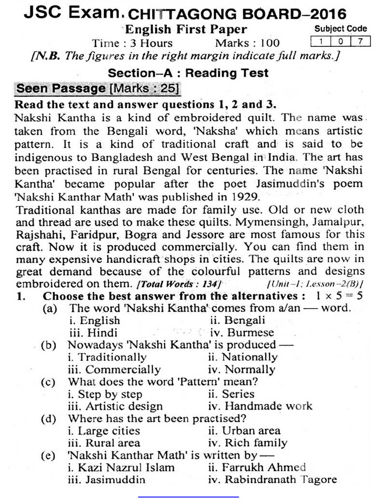 Chittagong Board JSC English 1st Paper Board Question 2016 | PDF