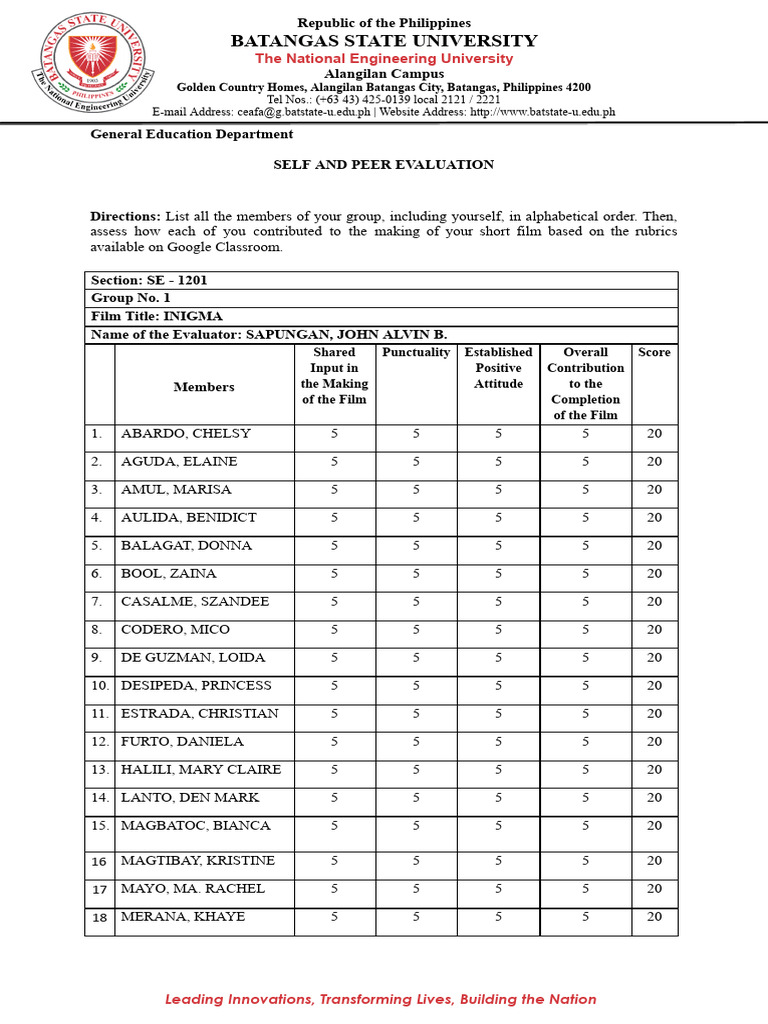 Self and Peer Evaluation | PDF | Educational Assessment And Evaluation | Evaluation