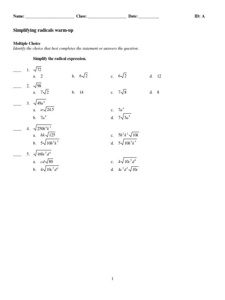 Simplifying Radicals Practice Quiz | PDF