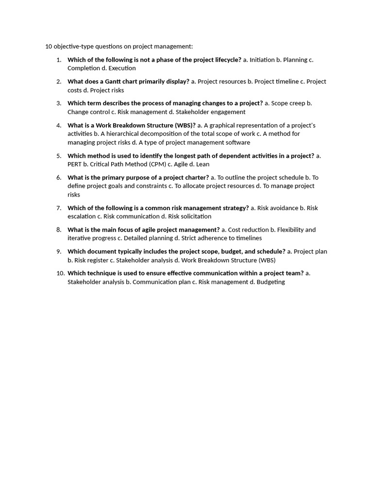Project Management Quiz: 10 Questions | PDF