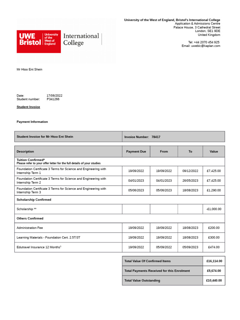 P341266 ENT SHEIN Htoo UWEBIC StudentInvoice | PDF | Payments | Insurance