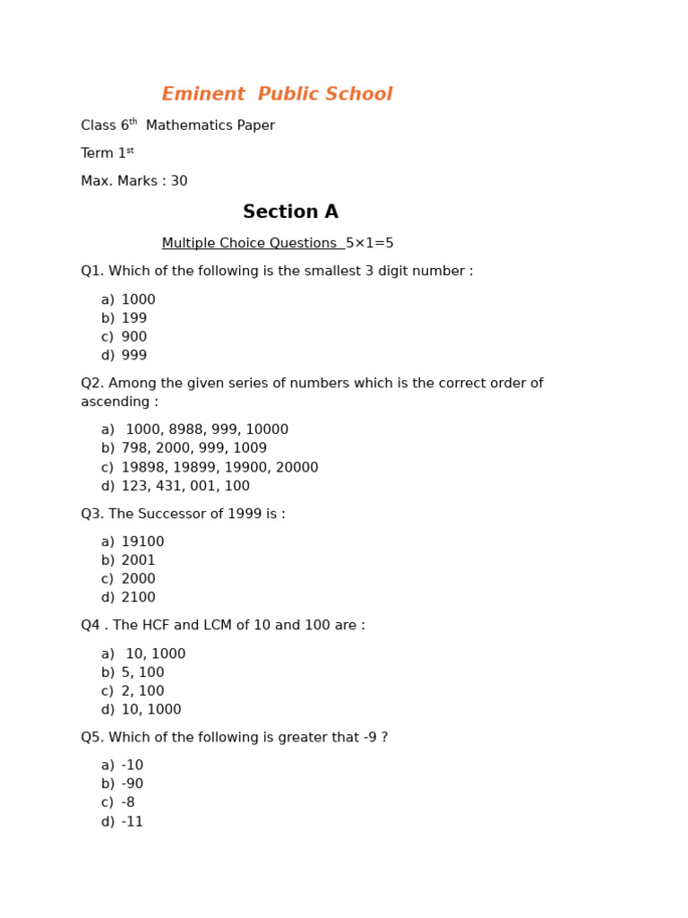 maths paper 6th | PDF