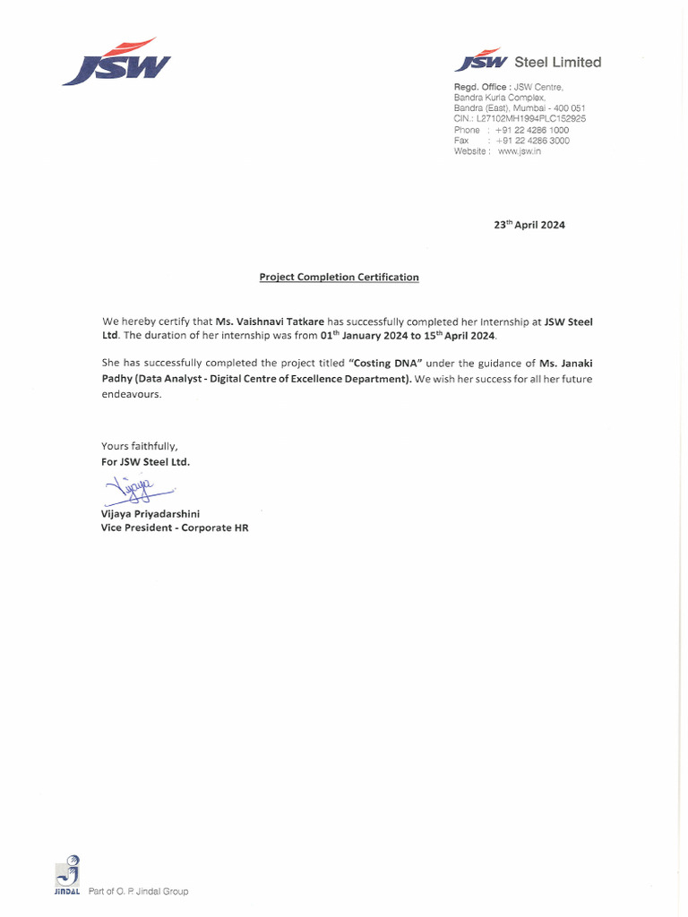 Vaishnavi Tatkare Completion Letter | PDF