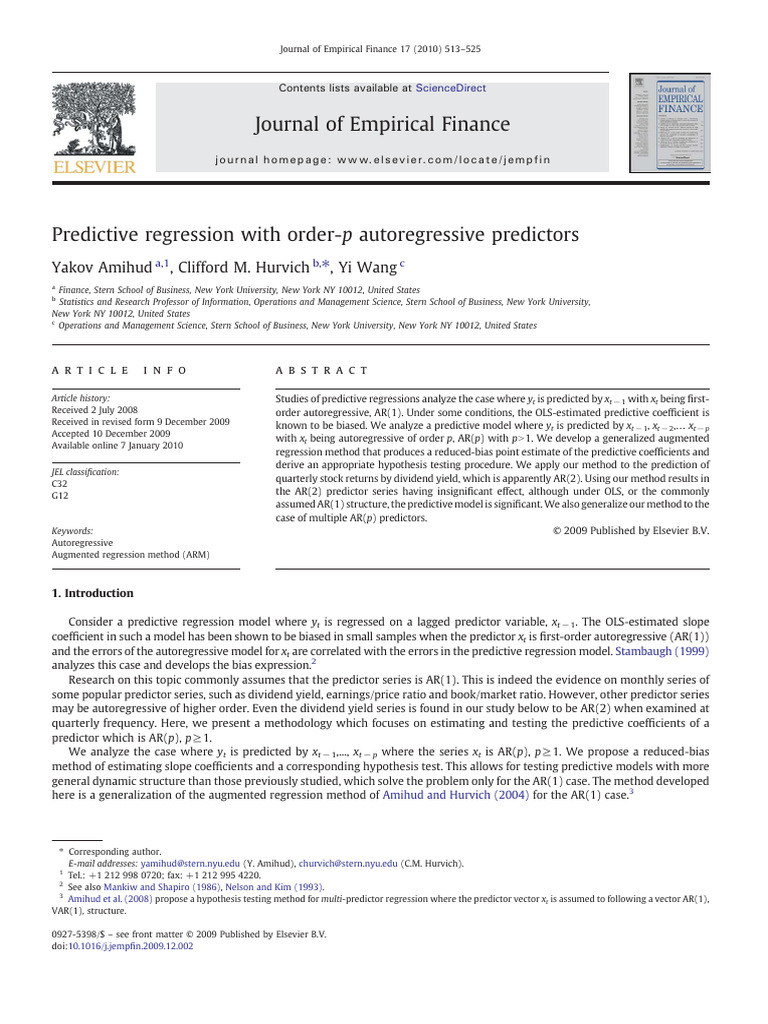 Amihud, Hurvich & Wang (2010) JEF | PDF | Ordinary Least Squares ...
