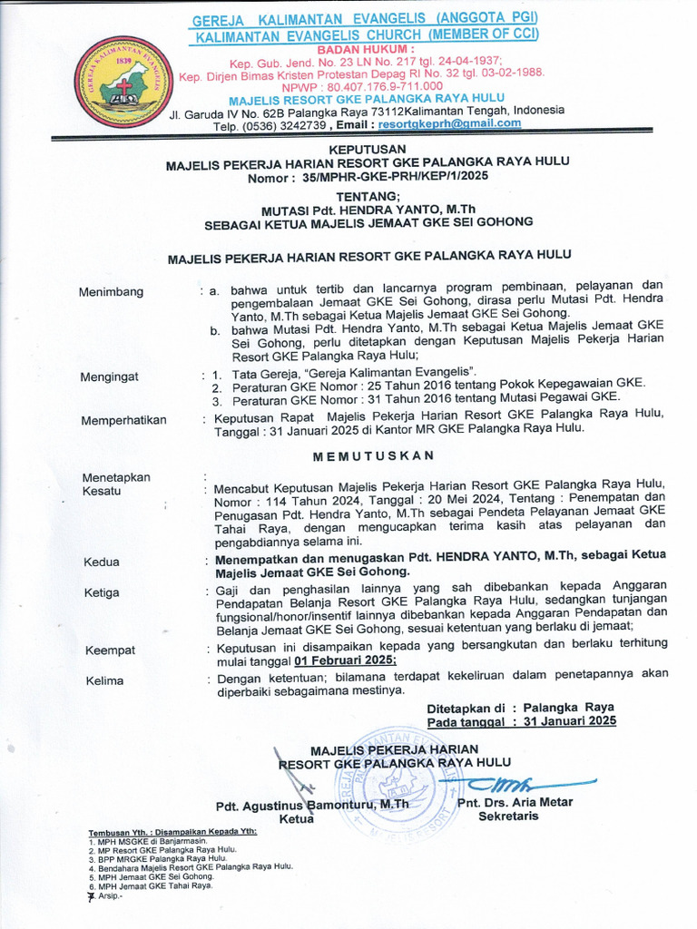 SK Mutasi Pdt. Hendra Yanto, M.TH | PDF