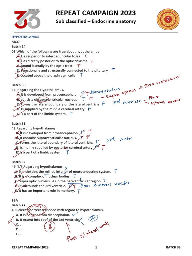 Hypothalamus & Pituitary MCQs 2023 | PDF | Pancreas | Adrenal Gland