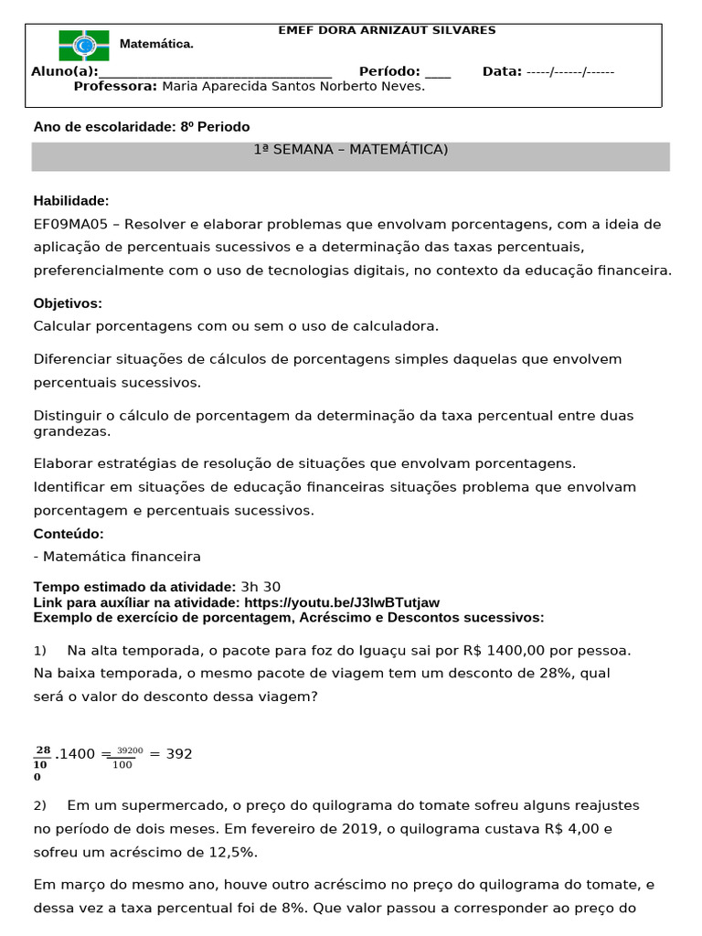 1616324010-exerc-cio-9-ano-semana-4-matem-tica-pdf | PDF | Percentagem