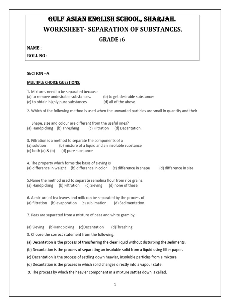 SEPARATION OF SUBSTANCES (Practice Worksheet) | PDF | Filtration | Mixture