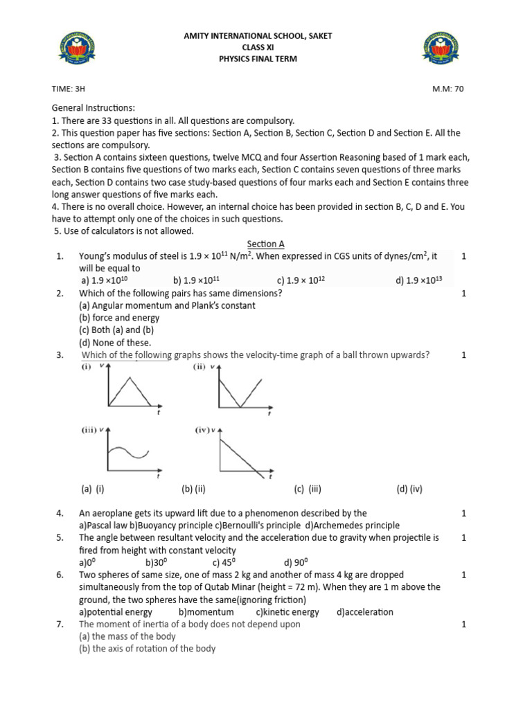 Sample Paper (Physics) - XI | PDF | Force | Momentum