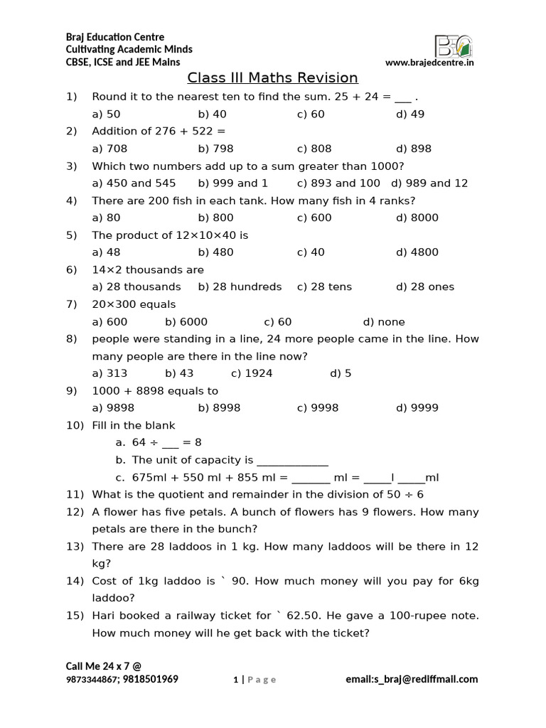 Class III Maths Revision | PDF