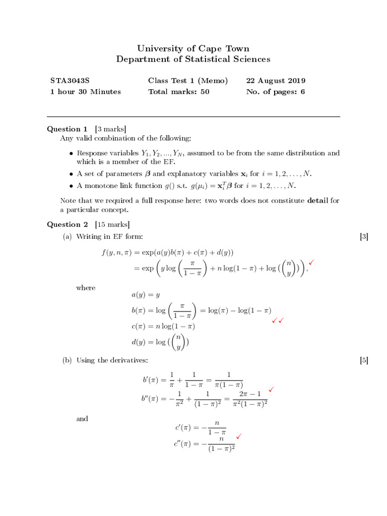 UCT STA3043S Class Test 1 Memo | PDF | Interpolation | Actuarial Science