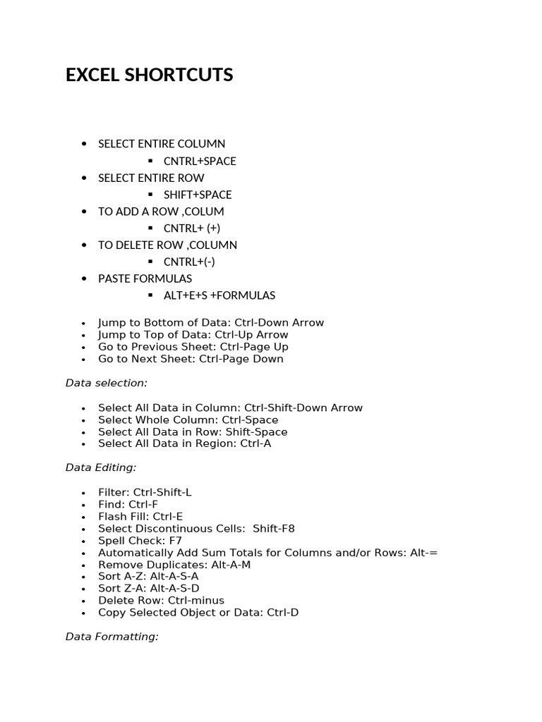Excel Shortcuts | PDF