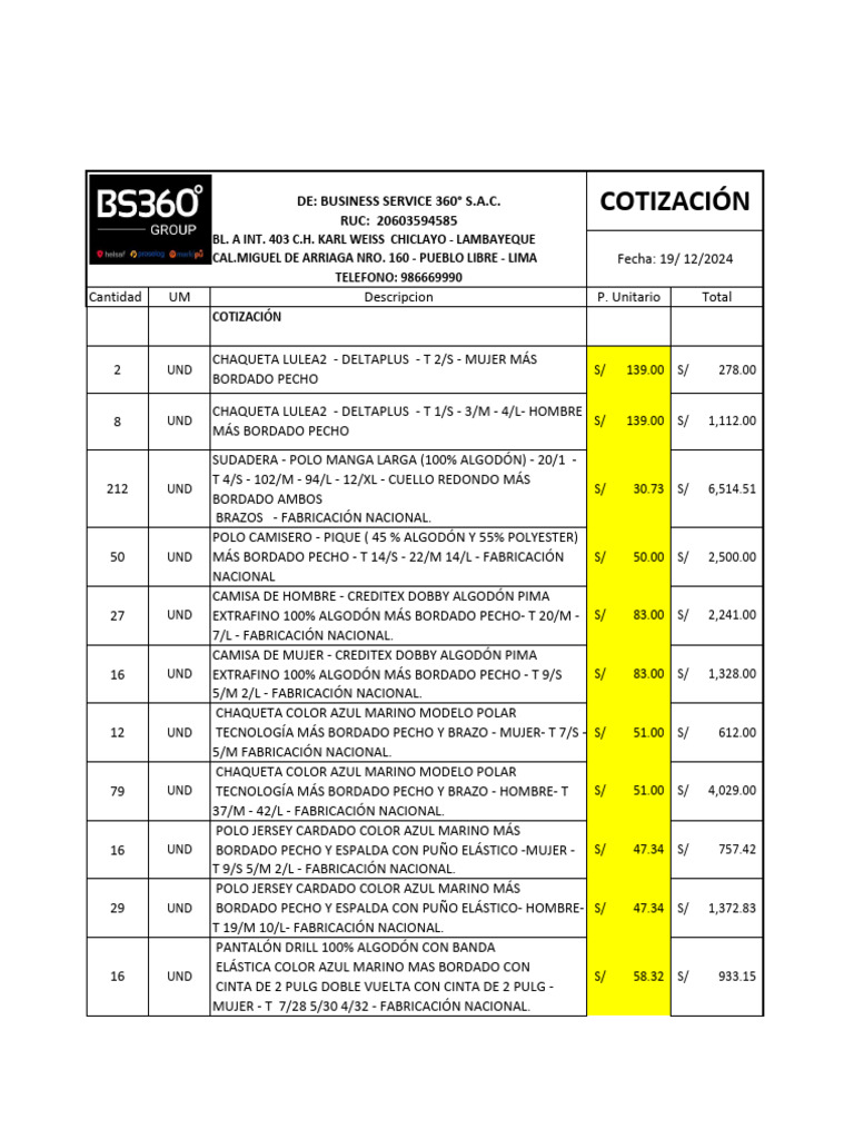 Cotizacion Bs360° Group. RV - 2 | PDF | Arco iris | Ropa